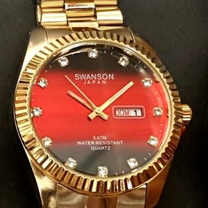 Swanson | Accessories | Swanson Japan Mens Watch Gold Tone Red Dial ...